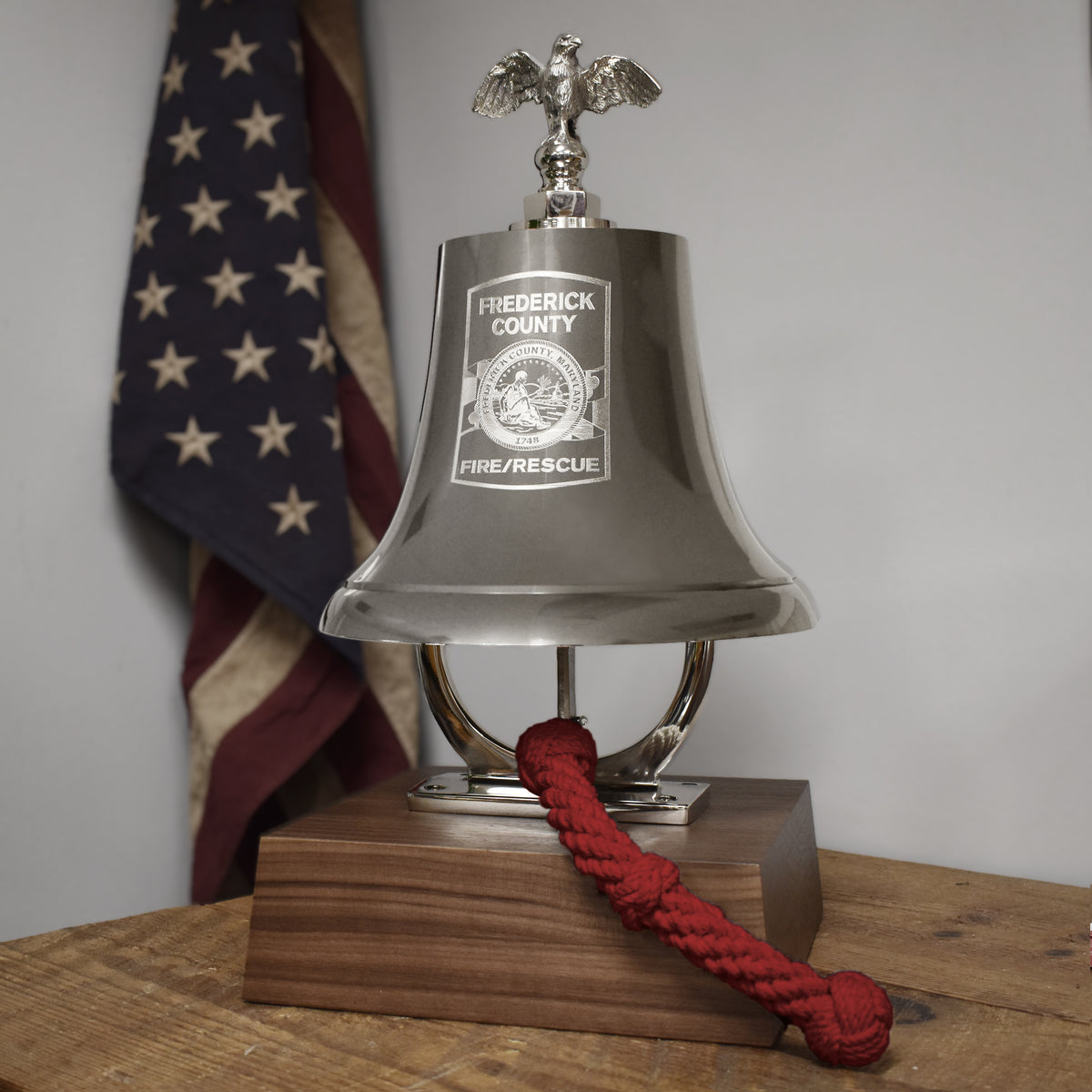 Large Deluxe Engravable Nickel Ceremonial Bell with Eagle and Red Rope ...